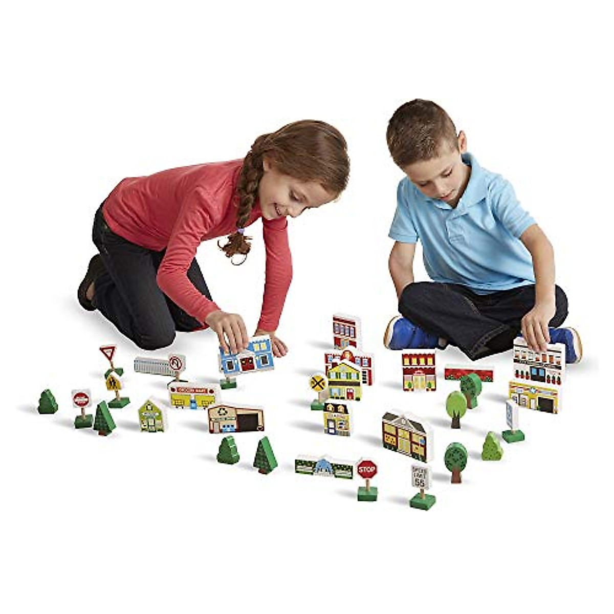 Melissa & Doug Wooden Town Play Set & Wooden Construction Site Vehicles
