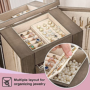 Emfogo Jewelry Box for Women, 5 Layer Large Wood Jewelry Boxes & Organizers for Necklaces Earrings Rings Bracelets, Rustic Jewelry Organizer Box with Drawers and Mirror(Weathered Gray)
