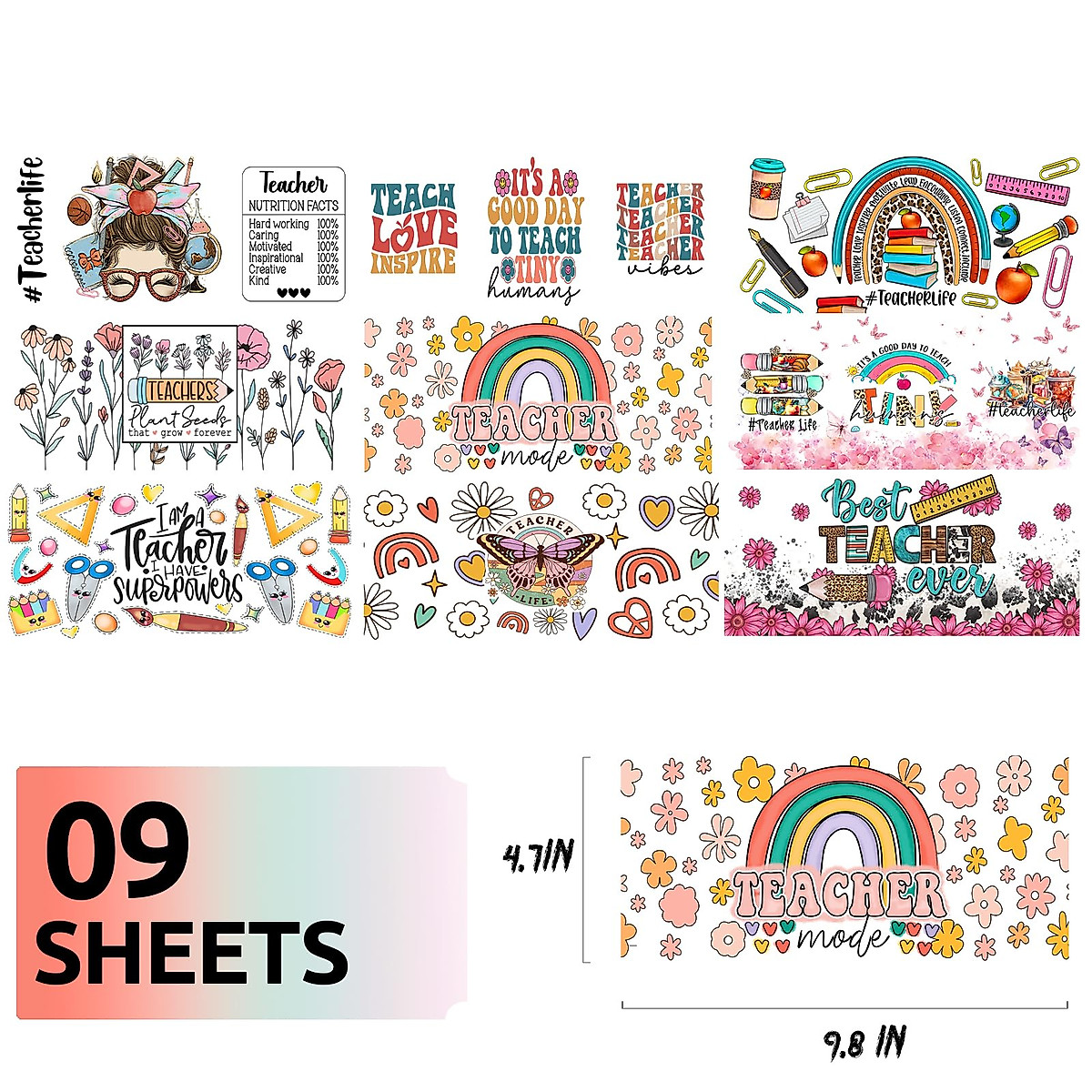 UV DTF Cup Wrap School Transfer for Glass 16oz, 9 Sheetes UV DTF Teacher Transfers Stickers Cup Decals, Rub on Transfers Cup Stickers for Crafts, Ready to Apply, Permanent Adhesive, No Heat Needed