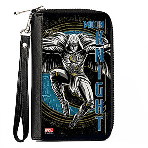 Buckle-Down Marvel Comics Wallet, Zip Around, Moon Knight Jumping Action Pose Black Blues, Vegan Leather