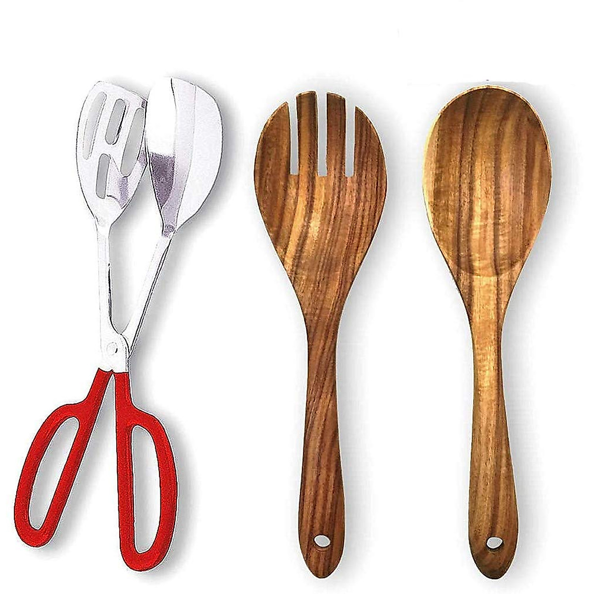 Buffet Tongs,Acacia Salad Servers,AIVS Stainless Steel Buffet Party Catering Serving Tongs and 10" Wood Spoon & Fork Set Cooking Utensils,Set of 3