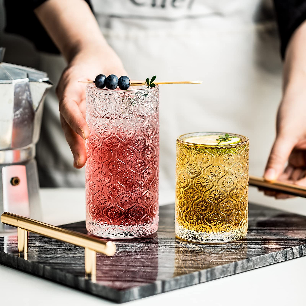 SoulTimes Glass Cups Vintage Glassware Set of 4, Drinking Glasses 12.5oz, Embossed Pattern Style Transparent Cocktail Glasses Set, for Ice Coffee,Juice,Beer,Bar Beverages,Drinkware, Transparent (L)