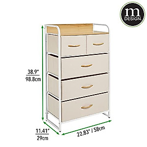 mDesign Tall Dresser Storage Chest - Vanity Furniture Cabinet Tower Unit for Bedroom, Office, and Closet - Textured Print - 5 Removable Drawers - Cream/White