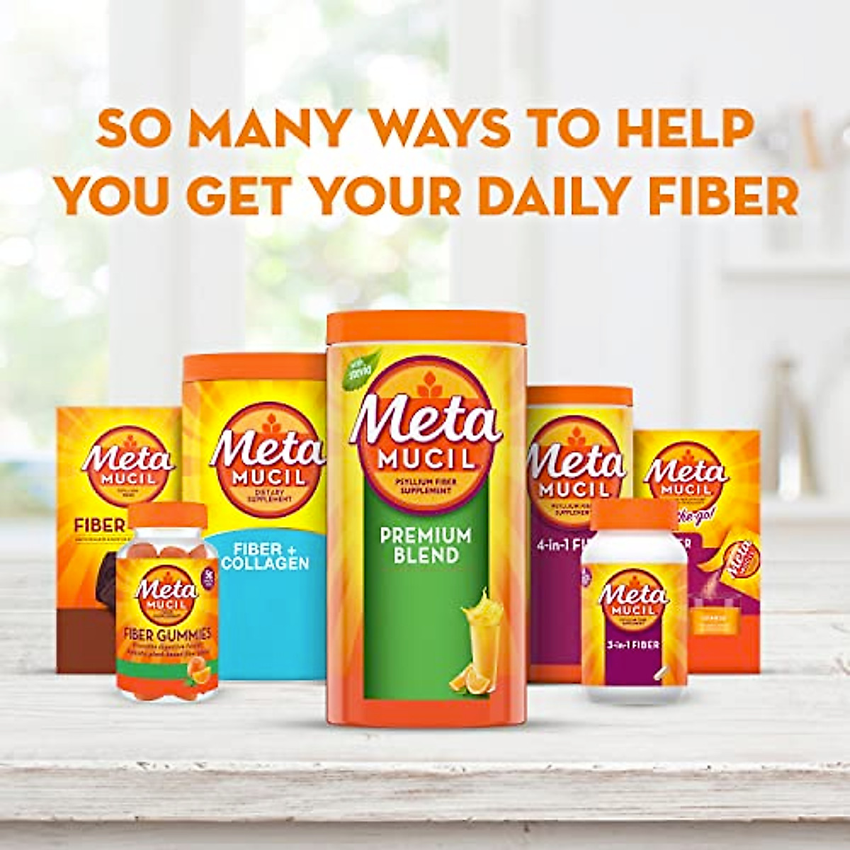 Metamucil Premium Blend, 4-in-1 Fiber Supplement for Digestive Health, Psyllium Husk Fiber Powder, Sugar-Free with Stevia, Plant-Based Fiber Supplement, Orange Flavored, 180 teaspoons