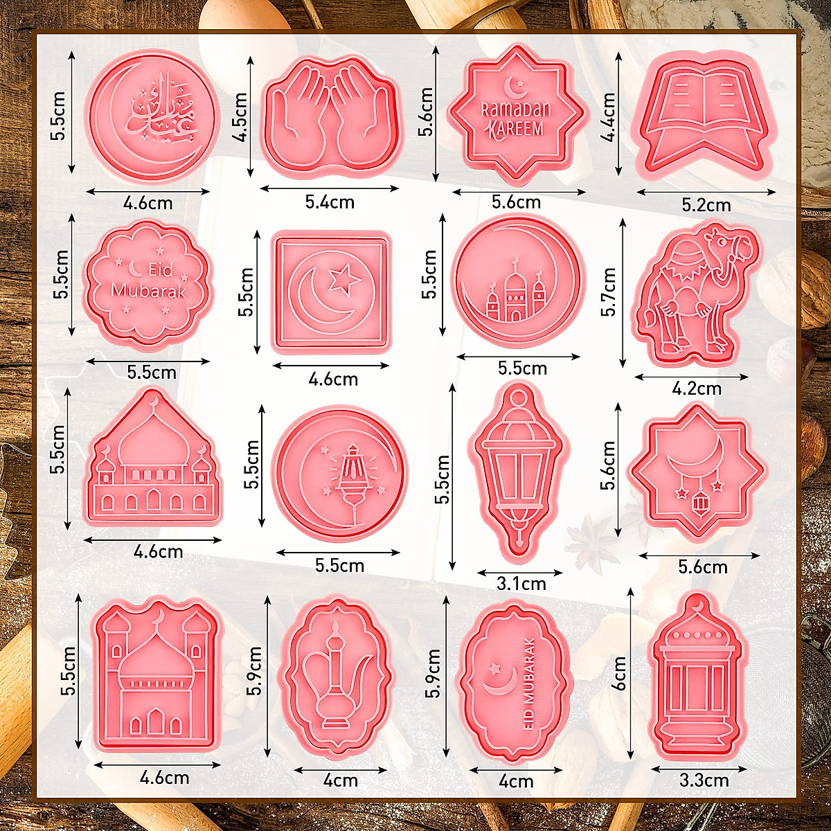 16 Pieces Eid Mubarak Cookie Cutters with Plunger Stamps Set Ramadan Islamic Muslim Biscuit Mold Star Lantern Moon 3D Cookie Stamper Mini Ramadan Plastic DIY Cookie Tools for Baking Fondant Supplies