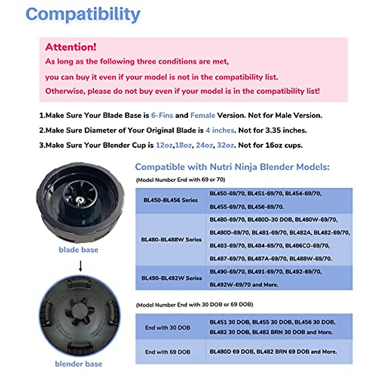 Blender 6 Fins Female Blade Replacement Parts for Ninja, Extractor Bottom Blade Compatible with Nutri Ninja Auto iQ BL450 69, BL451 70, BL455 30 DOB, BL456 70, BL480 70, BL480D 30 DOB, BL482 30 DOB