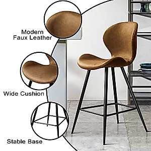 KithKasa Counter Height Bar Stools Set of 2 with Back, Mid Century Modern PU Leather 26" Kitchen Island Barstools with Metal Legs for Dining Room Kitchen Counter Pub Brown