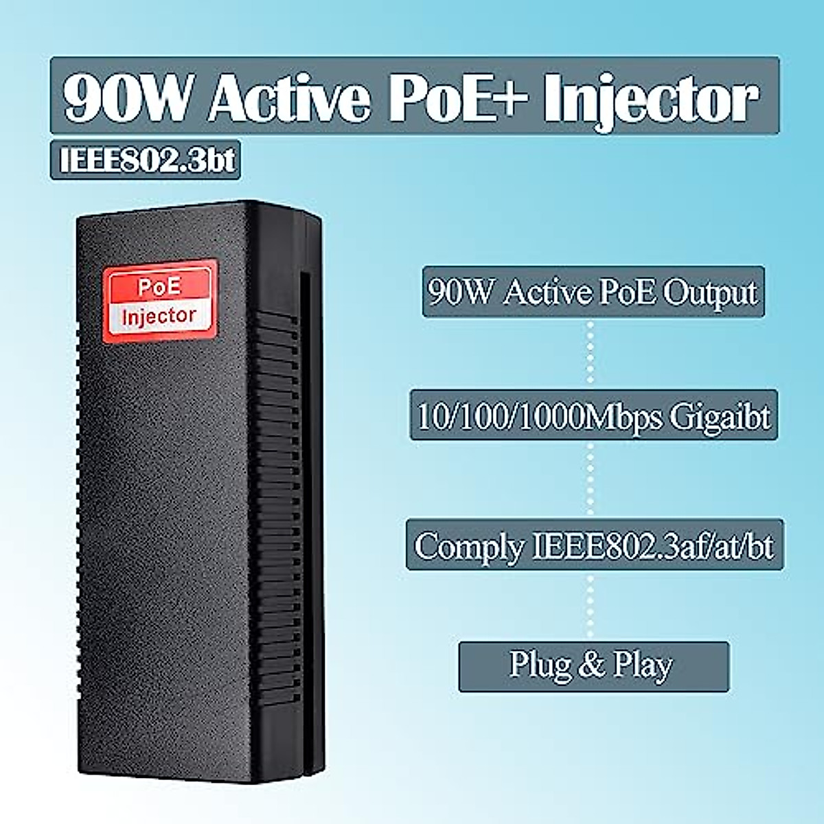 Revotech Gigabit 90W PoE++ Injector 54-56V Adapter, 10/100/1000Base-T IEEE 802.3bt PoE Standard Active POE+, Plug and Play for Wireless Access Points/PTZ/Videophones