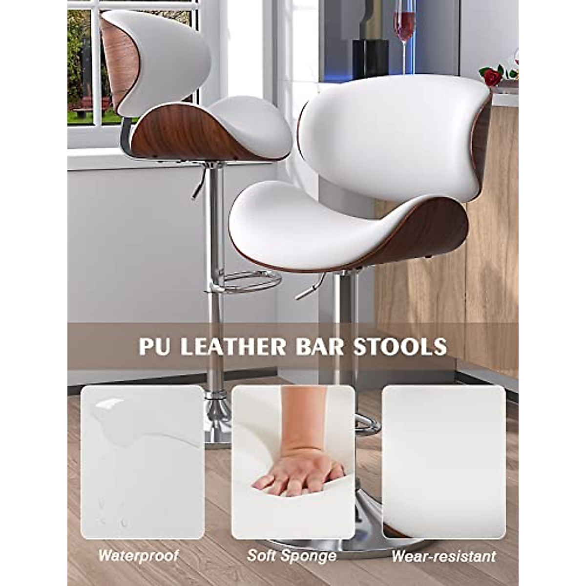 YaFiti Bar Stools Set of 2, Bentwood Adjustable Height Swivel Bar Stools, PU Leather Upholstered Bar Chair with Back and Footrest for Bar, Kitchen, Dining Room