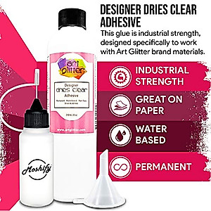 Art Glitter Glue - Designer Dries Clear Adhesive - 8oz Refill Bundled with Moshify 20mL Applicator Bottle and Funnel