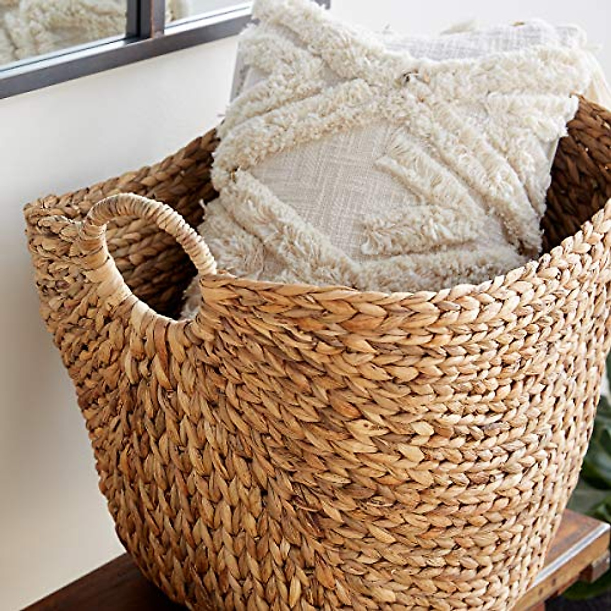 Deco 79 Seagrass Handmade Large Woven Storage Basket with Ring Handles, 20" x 18" x 19", Brown