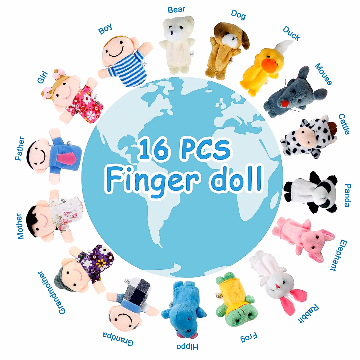 Sealive 16-PCS Finger Puppets for Toddlers Story Time - Soft Velvet 10 Animals & 6 Family Members - Perfect for Role Playing, Classroom Learning, Party Favors, Travel, Therapy, Imagination Building