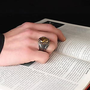 925 Sterling Silver Citrine Stone Men Silver Ring, Citrine Stone Men's Ring, Handmade Engraved Men's Silver Ring, Turkish Silver Ring