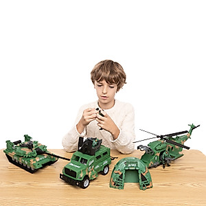 JOYIN Military Reconnaissance Vehicle Toy Set of Friction Powered Helicopter, Tank, Armored Car with Light and Sound, Motorcycle, Camp and Army Figures, Realistic Military Vehicle Playset for Kids
