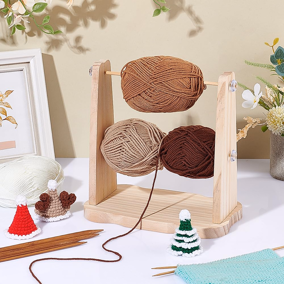 PH PandaHall Wooden Crochet Yarn Holder Double Revolving Knitting Yarn Storage Handmade Yarn Spinner Portable Yarn Ball Holder Ribbon Holder for Wreath Mesh Crochet Thread Sewing Craft Yarn Tool Spool