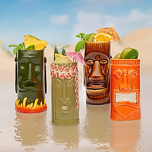 LEMONSODA Hard-Carved and Hand-Painted Tiki Mugs Assorted Cocktail Set of 8 - Ceramic Hawaiian Luau Party Mugs Drinkware, Cute Exotic Cocktail Glasses, Tiki Bar Hawaiian Party Barware - 18-23.5oz