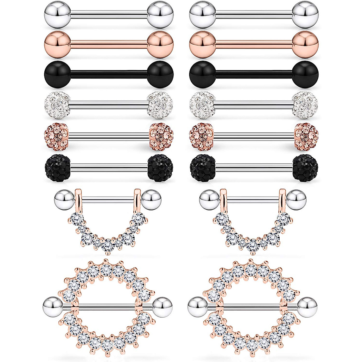 Lcolyoli 16Pcs 16G Surgical Steel Tongue Ring Nipple Shield Barbell Ring Bar Nipplerings Body Piercing Jewelry for Women Men Silver Black Rose Gold Dangle Nipple Rings Diamond CZ