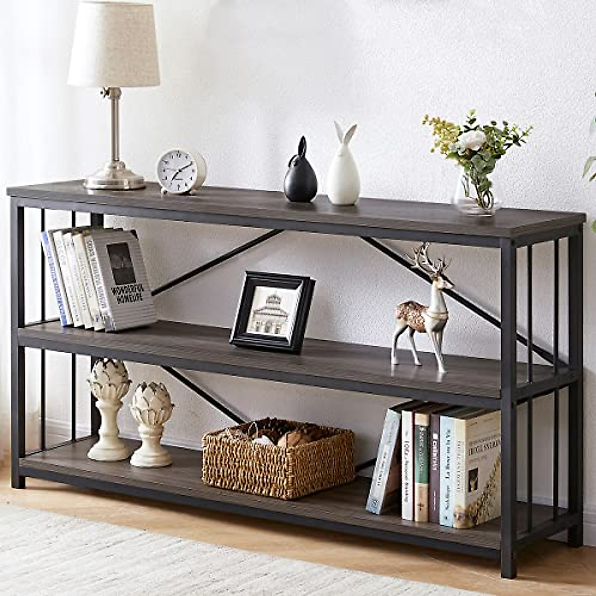 LVB Industrial Console Table, Metal and Wood Sofa Table, Rustic Entryway Table with Storage, Modern 3 Tier Shelf Long Foyer Tables Behind Couch for Home Living Room Hallway, Dark Gray Oak, 55 Inch