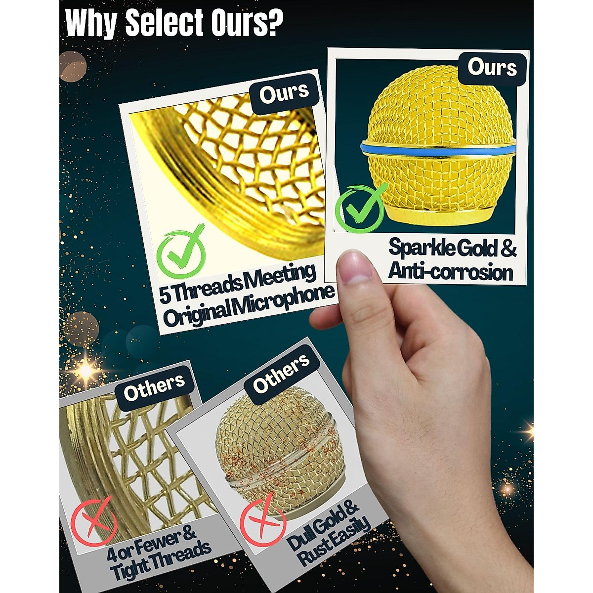 RhymKawa Gold Microphone Cover for Shuer SM58, SM58LC, Beta58, Beta58A, SA-M30, SV100, RK143G Windscreen Replacement, 2 Pack