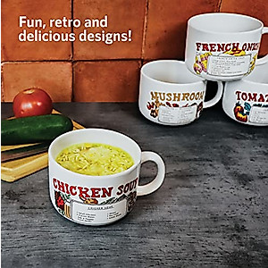 Old & Bold - 4 27 Oz Soup Bowls With Lids - Retro Soup Recipe Ceramic Mugs With Vented Lids and Handles - Pack of 4 - Microwave and Dishwasher Safe - For Soup, Instant Noodles, Cereal
