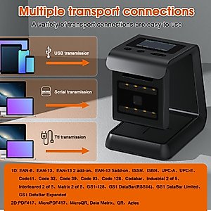Alacrity 2D QR Wireless Hands-Free Omnidirectional Desktop Barcode Scanner, with Screen Display and Large Capacity Batteries, Compatible with Bluetooth & 2.4GHz Wireless, for Airport, Supermarket