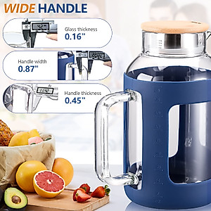 WINSA Glass Pitcher with Lid and Spout, 64oz Water Pitcher with Wide Handle, Silicone Sleeve & Bamboo Lid, Tea Pitcher for Fridge Water, Milk, Juice(Navy)