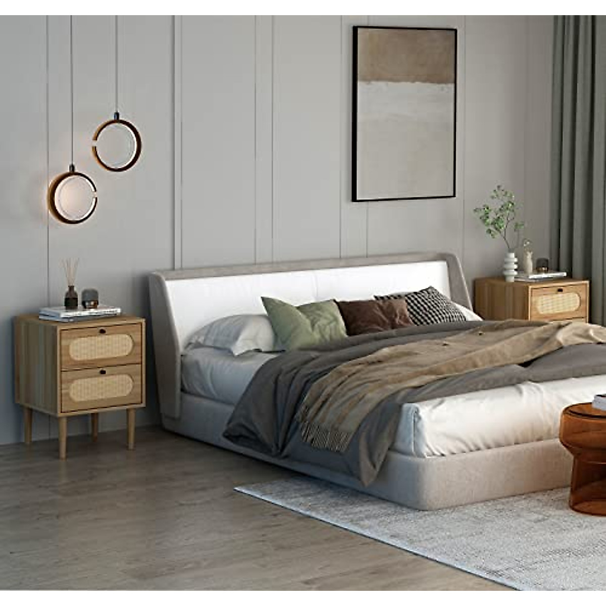 Modern Walnut Nightstand with 2 Drawers Rattan Side Table End Table with Storage Set of 2 Elegant Wood Square Bedside Tables for Bedroom Living Room Small Space(2-Pack)