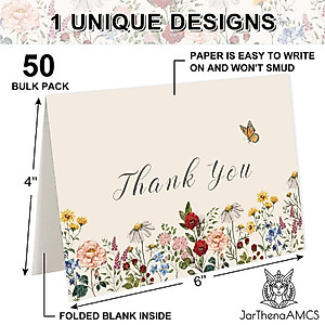 JarThenaAMCS 50 Pack Wildflower Thank You Cards Vintage Flower Greeting Cards Floral Blank Note Cards with Kraft Envelope Sticker for Birthday Wedding Bridal Shower, 4 x 6 Inch