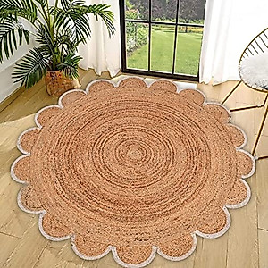 4x4, 5x5, 6x6,feet Natural Jute Scallop Round Rug, Floor Scalloped Edge Rug Braided Boho Eco Large Circular Handmade Area Rugs (White, 6x6 Ft Round Rug)