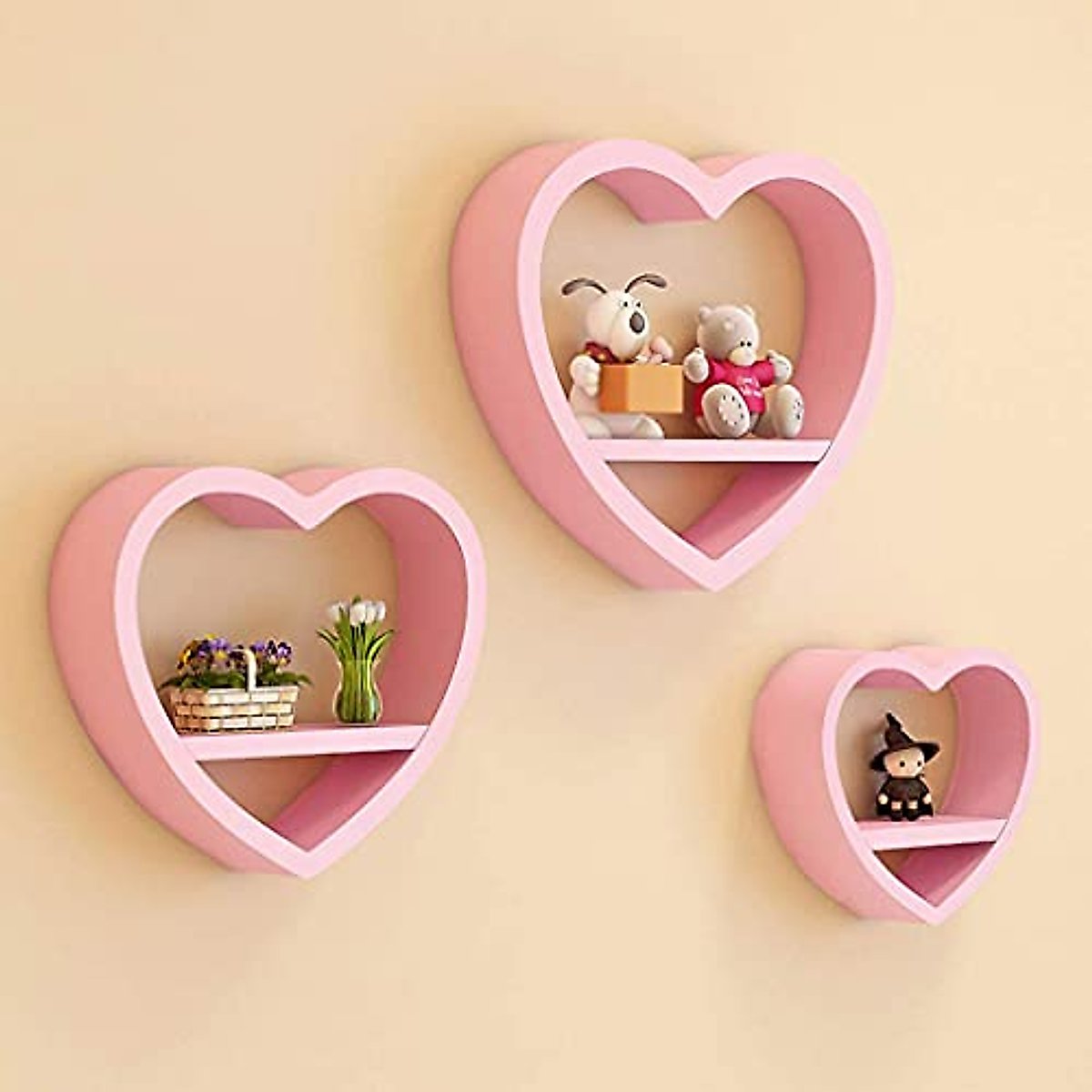Set of 3 Heart-Shaped Floating Hexagon Shelves Set Wall Bracket Gloss Display Shelf Rack for TV DVD (Color : Pink)
