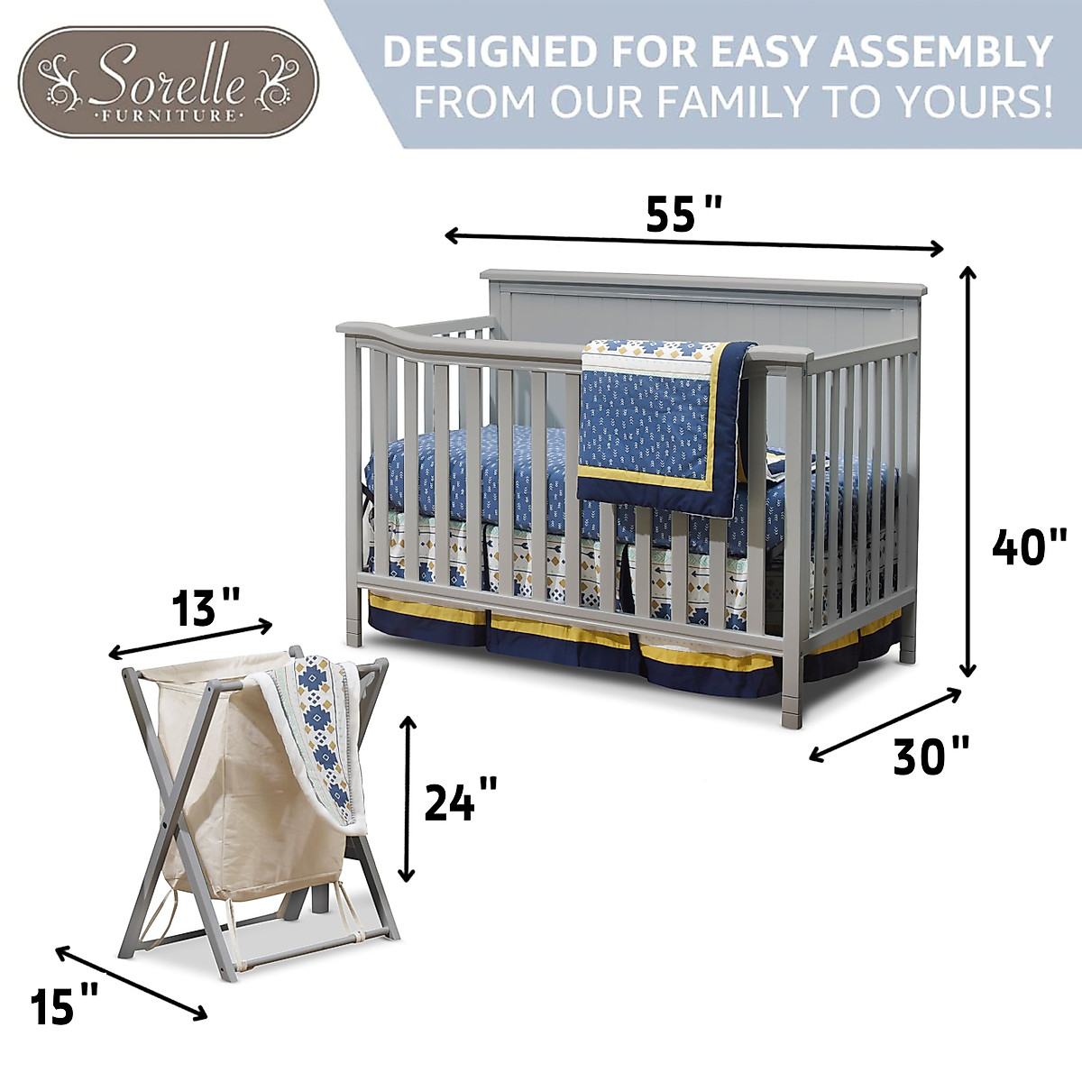 Sorelle Furniture Berkley Elite 3-Piece Nursery Set with 4-in-1 Convertible Crib, 6-Drawer Dresser, and Baby Hamper, Baby Furniture Made of Wood, Non-Toxic Finish, Nursery Furniture Set-Gray