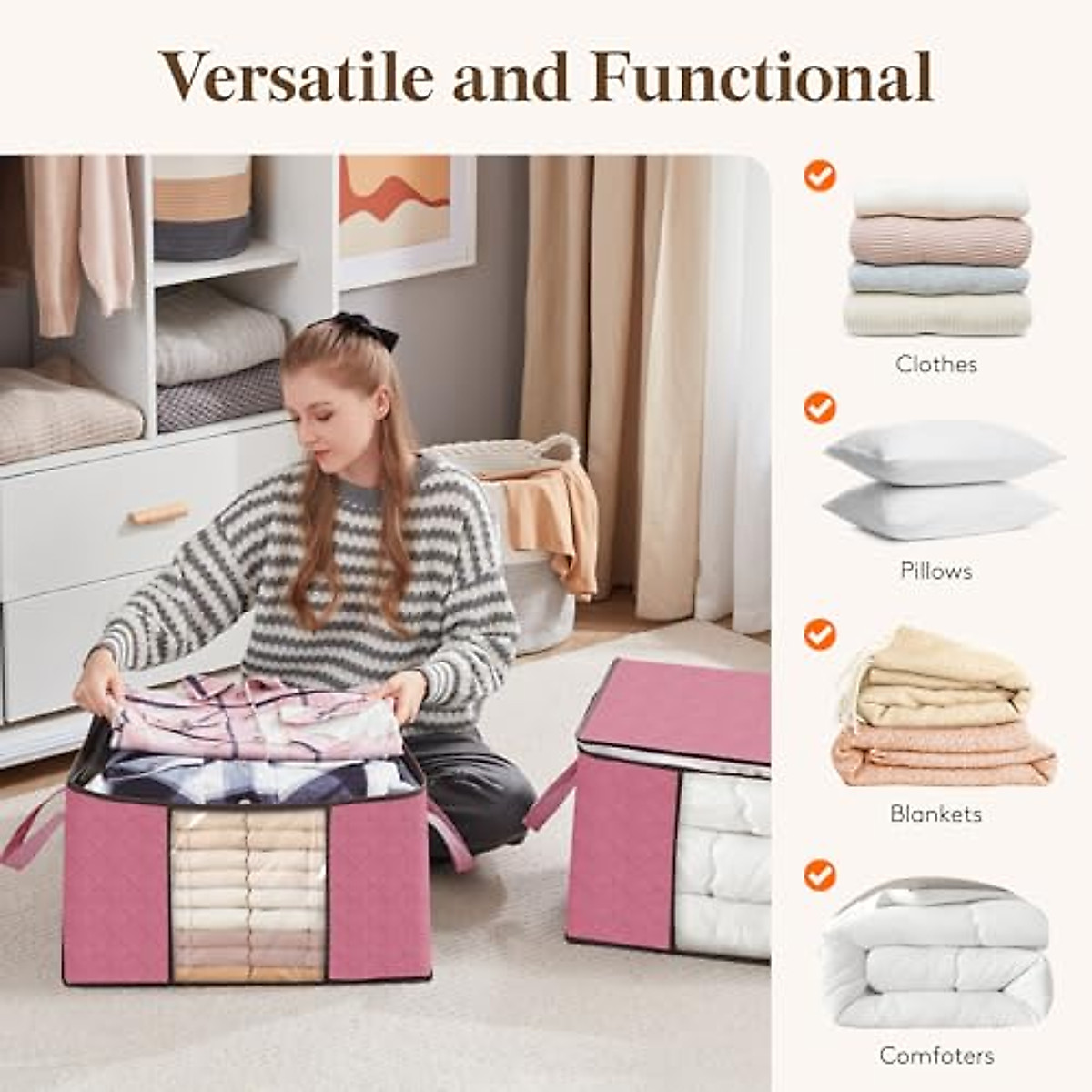 Lifewit 90L Large Storage Bags, 6 Pack Closet Organizers and Storage, Clothes Storage Bins with Lids, Foldable Storage Containers with Reinforced Handles for Clothing, Blanket, Bedding, Comforter Pink