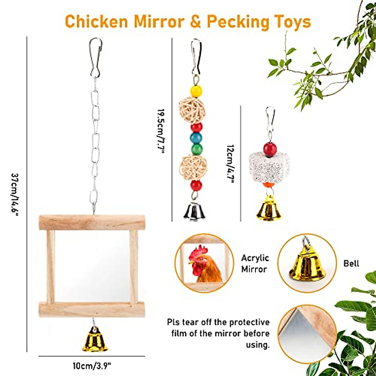 WIOR 9 Packs Chicken Toys for Coop, Chicken Swing Set Chicken Mirror Chicken Ladder Bridge Chicken Xylophone Toys with Bells for Hens, Chicken Vegetable Hanging Feeder for Poultry Rooster Bird Parrot