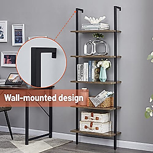 SUPERJARE Industrial Ladder Shelf, 5-Tier Wood Wall-Mounted Bookcase with Stable Metal Frame, 72 Inches Storage Rack Shelves Display Plant Flower, Stand Bookshelf for Home Office - Vintage Brown
