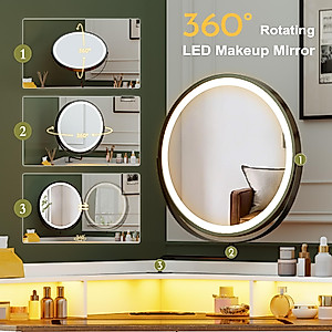 Lvifur Corner Vanity Desk with Mirror and Lights,White Corner Makeup Vanity with Charging Station, 3 Color Led Light Settings, 5 Drawers, and Open Shelves for Bedroom, Women, and Girls