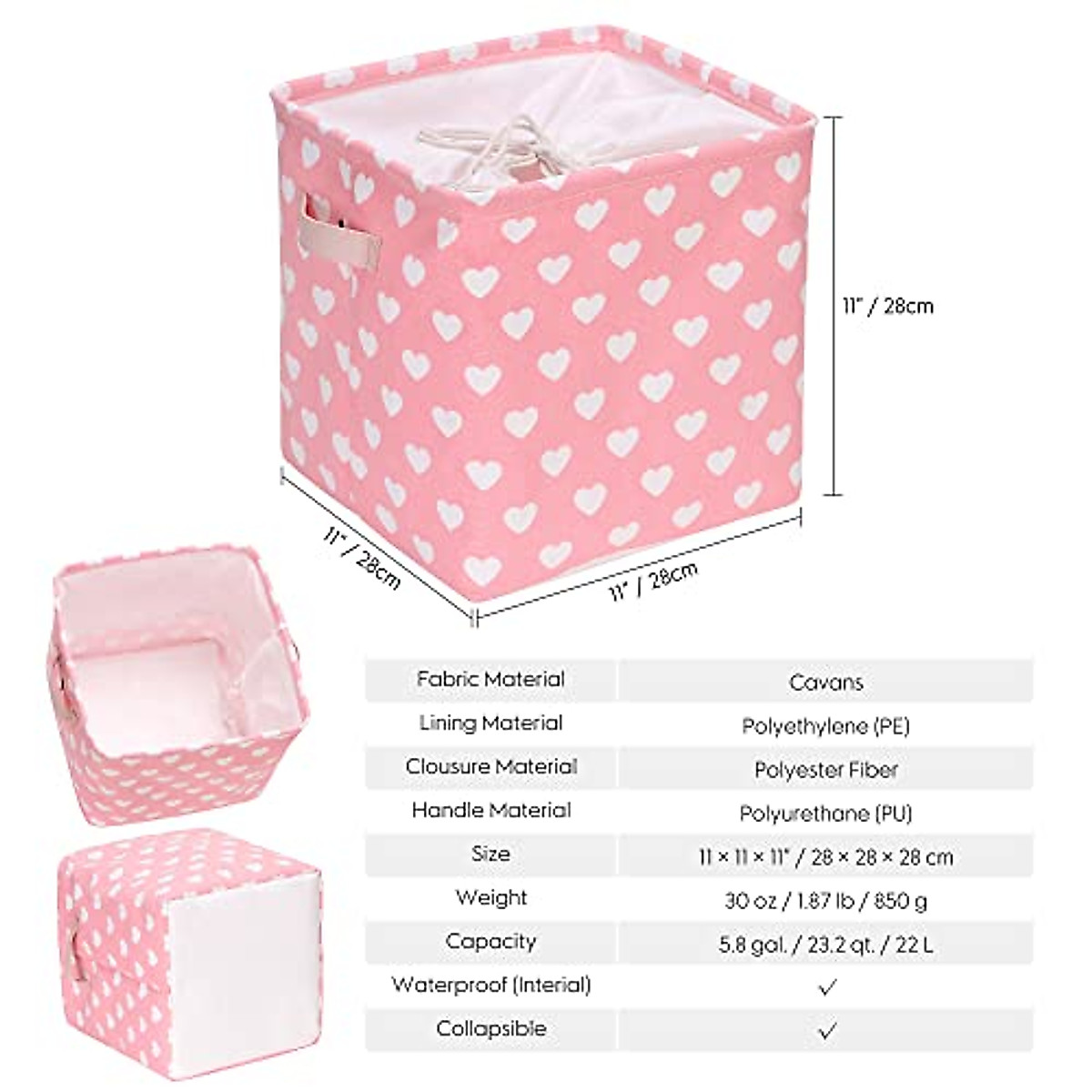Hinwo 3-Pack Cubic Organizer Shelf Bins, Canvas Fabric Storage Baskets with Handles, 22L/5.8-Gal Square Storage Bins, Cubes, Collapsible Storage Box, 11 x 11 x 11 Inches (S, Pink Heart)