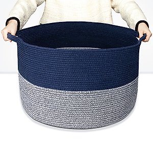 Annecy XXLarge Cotton Rope Basket, 21x13 Inches Blanket Basket Living Room, Woven Baby Laundry Basket with Handle for Toy, Towels, Pillows, Decorative Basket for Blankets, Blue & Grey