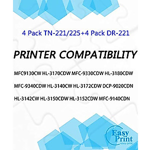 (Toner Set + Drum Set) Compatible TN221-225 Toner Cartridge and DR221CL Imaging Drum Unit Used for Brother HL-3140CW MFC-9130CW MFC-9140CDN DCP-9020CDN Laser Printer (Total 8-Pack), by EasyPrint