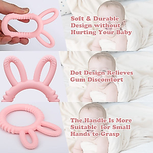 MISSLILI Silicone Babies Teethers Baby Teething Toys for Soothe Massage Sore Gums for 3-12 Months Infants, BPA Free, Ring Shape Rabbit Ear Design (Pink)