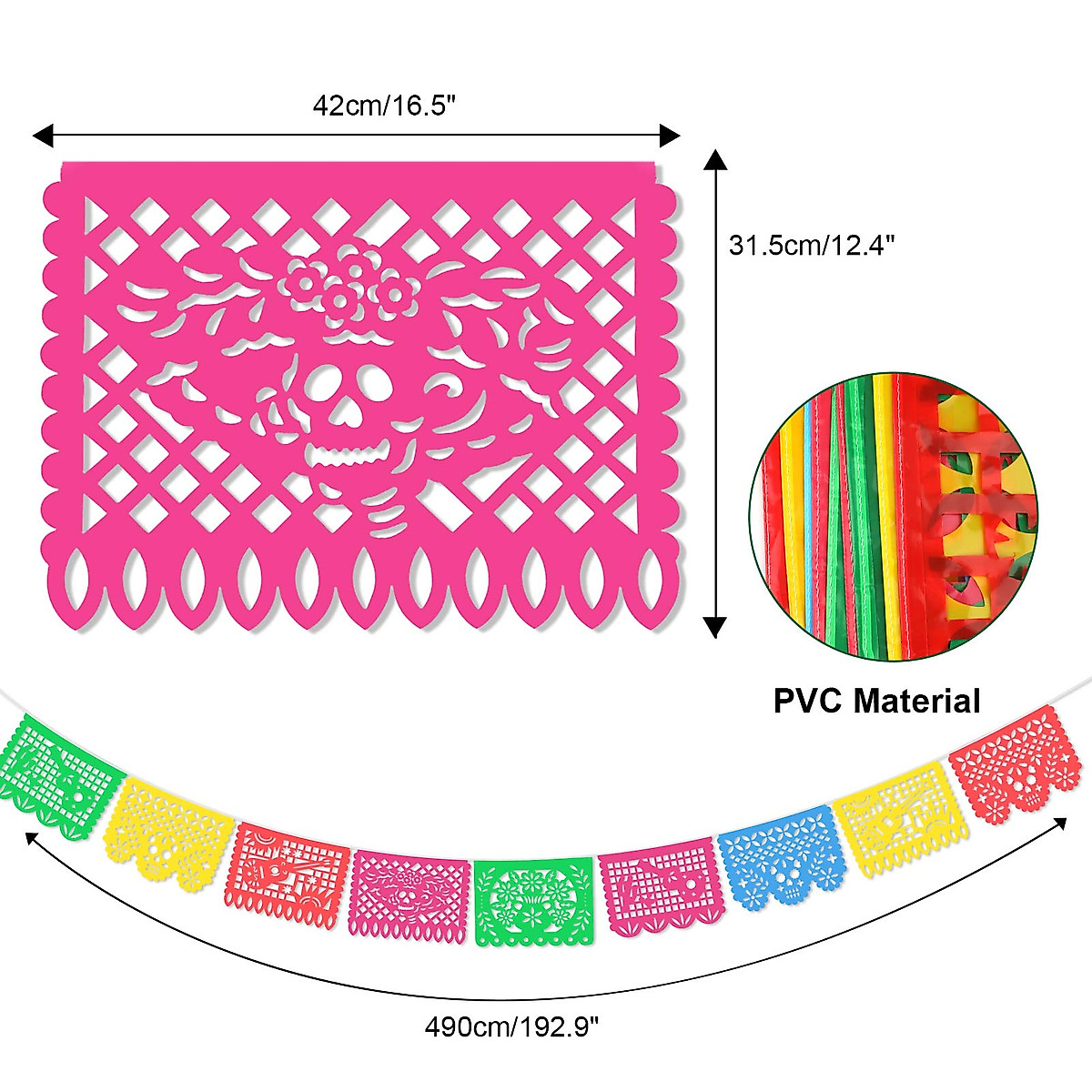 HOWAF 2 Pcs Plastic Papel Picado Mexican Fiesta Banners Day of The Dead Skull Bunting Banner Halloween Dia De Los Muertos Mexicano Banners for Cinco De Mayo Decorations Mexican Party Supplies