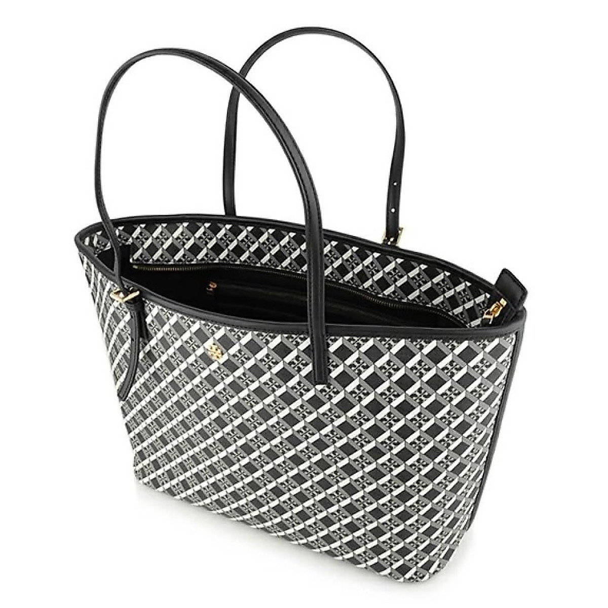 Tory Burch 143364 Geo Logo Black/Grey/White With Gold Hardware Women's Large Top Zip Tote Bag