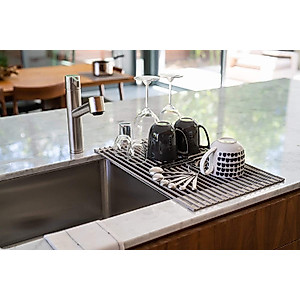 Over-The-Sink --20.5 inches Roll-Up Dish Drying Rack, Made of Silicone Wrapped Steel, Multipurpose -No Occupying Space Heat Resistant Roll Up Dish Drying Rack - Fit for Stainless Steel Sink ( Large)