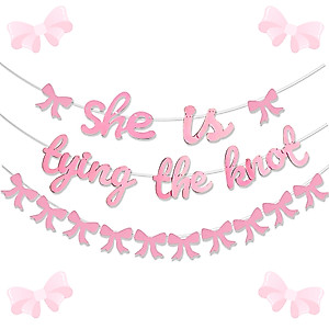 JeVenis She is Tying The Knot Banner Tie The Knot Bridal Shower Decor Pink Bow Banner Garland Coquette Bachelorette Party Decorations