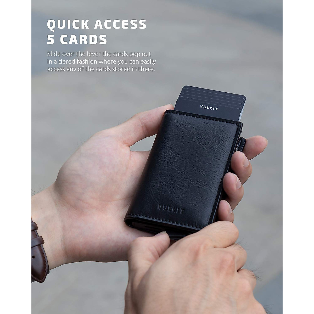 VULKIT Card Holder Pop Up Slim Wallet Leather RFID Blocking Card Case Up to 8 Credit Cards Black