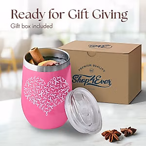 shop4ever Breast Cancer Awareness Pink Ribbon Heart Engraved Insulated Stainless Steel Wine Tumbler with Lid 12 oz. Gift for Her (Pink)