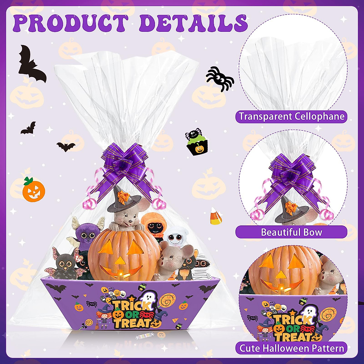 36 Pcs Halloween Baskets for Gift 9.8 x 6.5 Inch Halloween Basket to Fill Include 12 Cardboard Tray with Handles 12 Cellophane Bags 12 Bows Ribbons Gift Basket for Halloween Trick or Treat Party