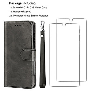 TTYSHTT for oukitel C35/C36 Case and Tempered Glass Screen Protector, PU Leather Flip Cover Wallet Phone Case Protector [Full Protection] [Card Slots] [Kickstand] for oukitel C36, Black