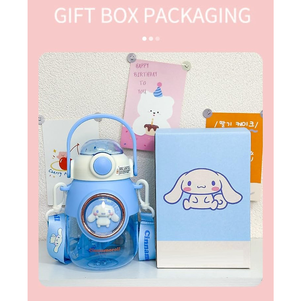 28 oz Kawaii Water Bottle for Girls, Cute Water Bottles with Straw and Shoulder Strap, Large Capacity Portable Summer Leak Proof Water Bottle for Kids,820ML (Blue)