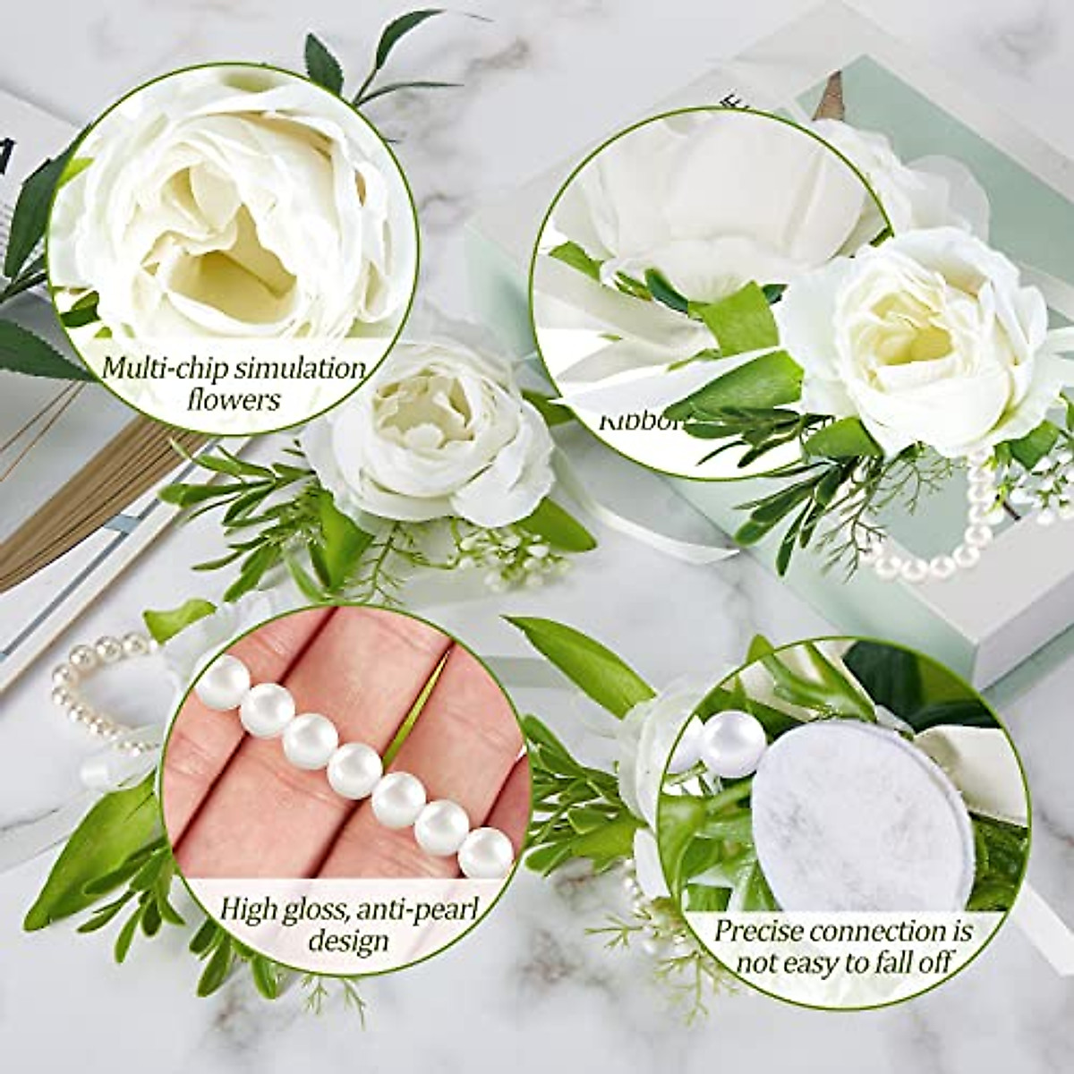 4 Pieces White Ivory Rose Wrist Corsage Boutonniere Wrist Corsage Artificial Rose Wrist Flowers Pearl Corsage Wristlet Artificial Bridesmaid Wrist Flowers for Women Bride Bridesmaid Party Prom Wedding