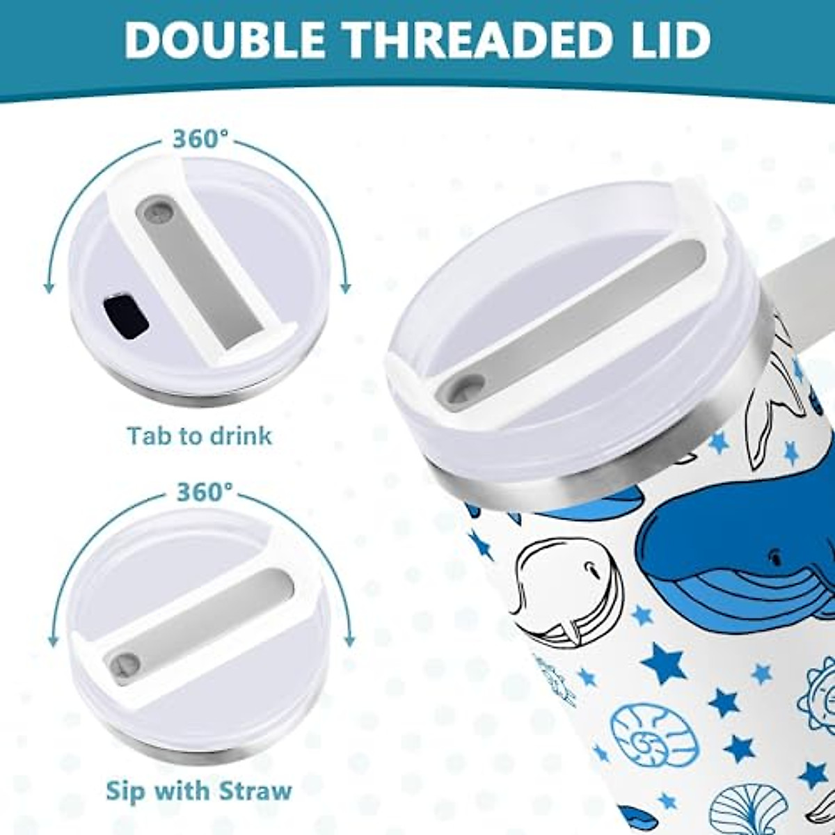 DIGTIA Stainless Steel Insulated Tumbler w/Handle & Straw, Blue White Whales Double Wall Vacuum Travel Coffee Mug Cup w/Lid, Leak-Proof Sports Ocean Water Bottle,30oz